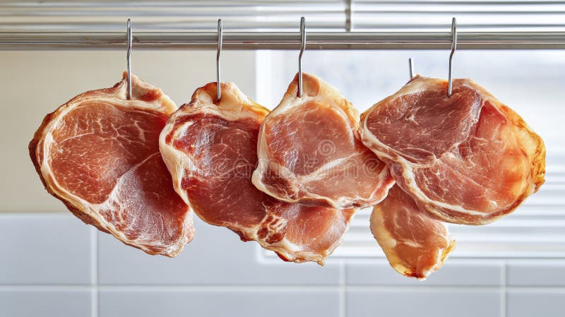 Fresh Cuts of Pork Hanging on Hooks in Refrigeration Environment ...