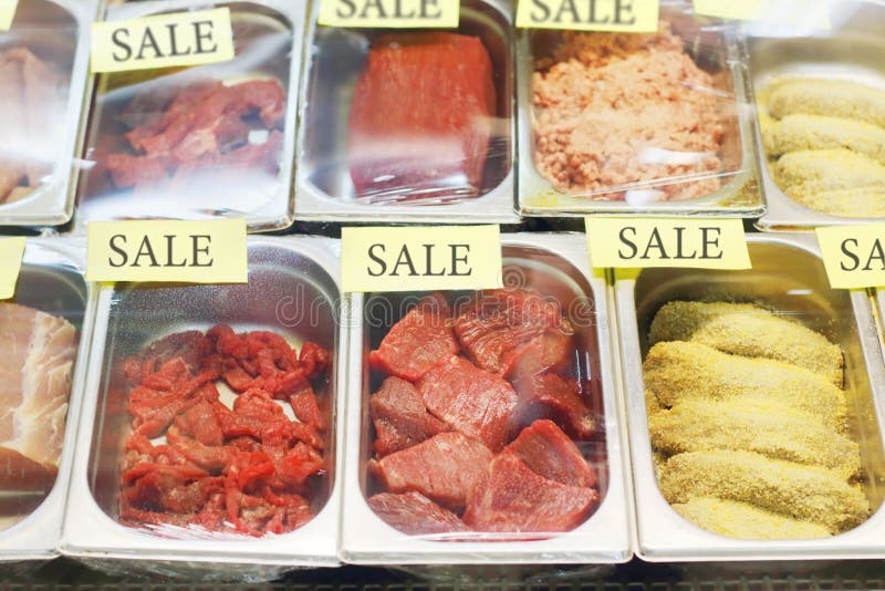 Fresh Cuts of Red Beef Meat and Cutlets in Store Stock Photo - Image of ...