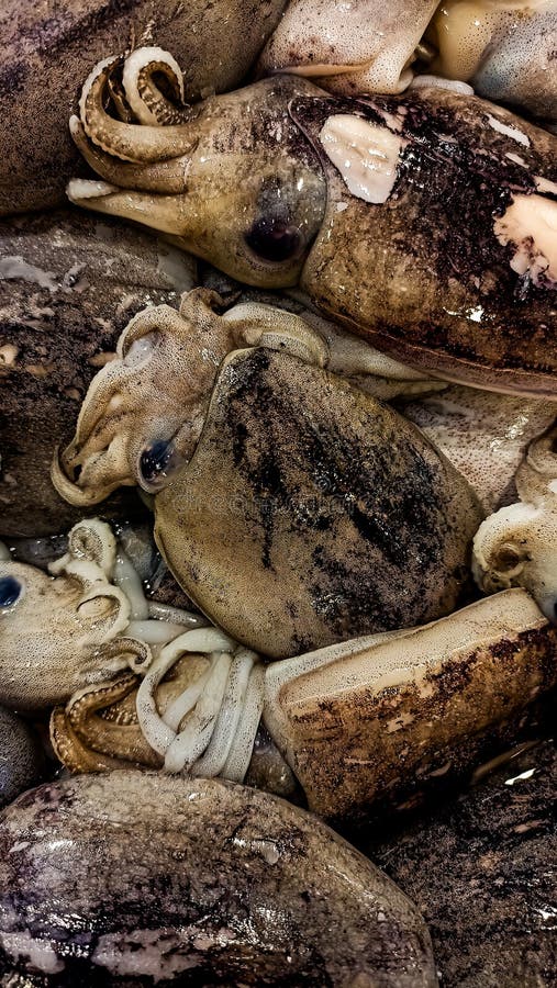 Fresh Cuttlefish in a Supermarket Display Window Stock Photo - Image of ...