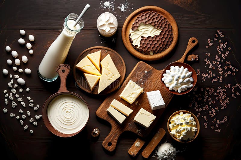 Fresh Dairy Product in Wooden Bowls on Wooden Table Stock Illustration ...