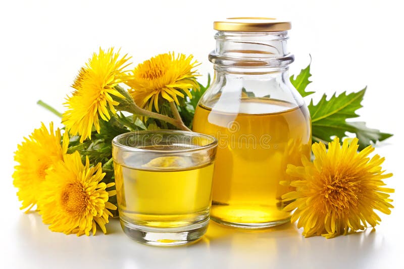 Fresh Dandelion and Herbal Oil Extract in Glass Container, Isolated on ...