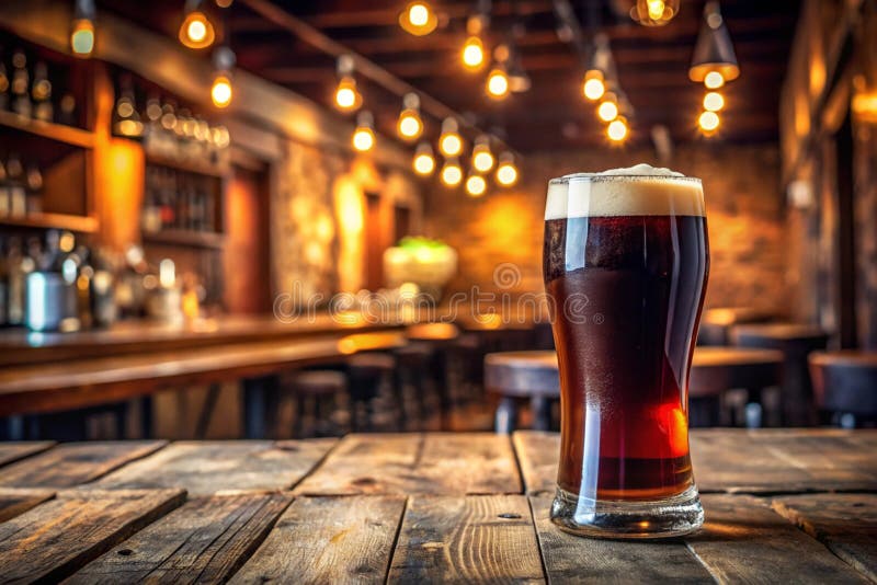Fresh Dark Beer in a Glass with Rustic Pub Background Stock ...