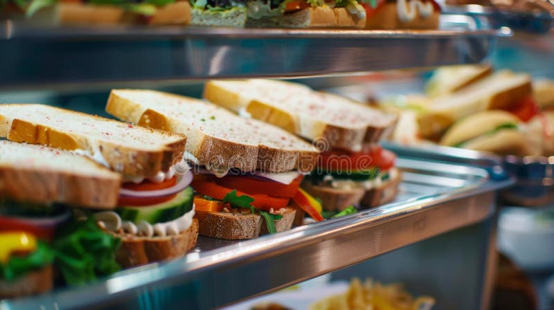 Fresh Deli Sandwiches on Display in Cafeteria Stock Illustration ...