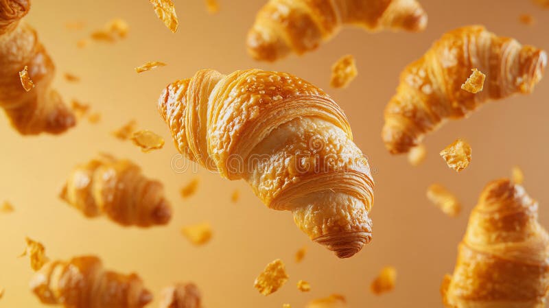 Fresh and Delicious Croissants Falling in Mid-Air Stock Illustration ...