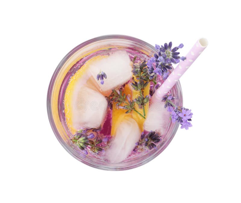 Fresh Delicious Lemonade with Lavender and Straw Isolated, Top View ...