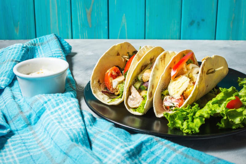 Fresh Delicious Mexican Tacos on Concrete Rustic Background Stock Image ...