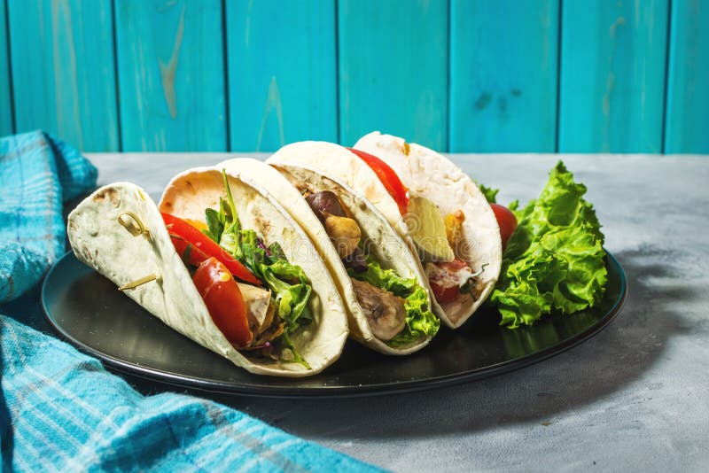 Fresh Delicious Mexican Tacos on Concrete Rustic Background Stock Image ...