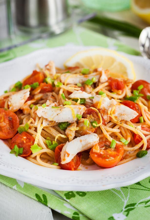 Fresh Delicious Pasta with Fish and Tomato Sauce Stock Photo - Image of ...
