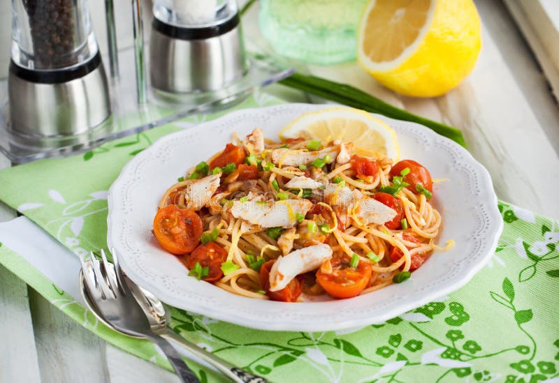 Fresh Delicious Pasta with Fish and Tomato Sauce Stock Image - Image of ...