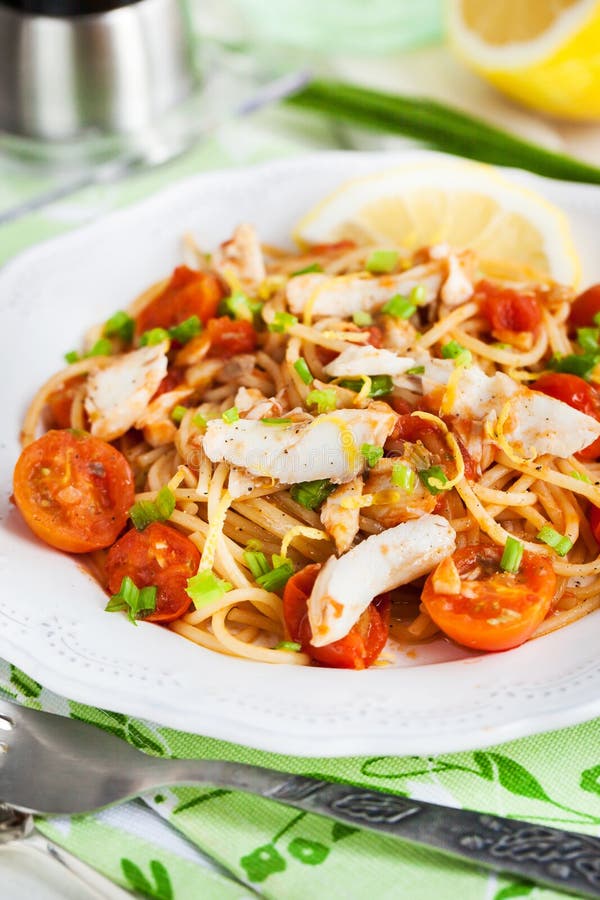 Fresh Delicious Pasta with Fish and Tomato Sauce Stock Image - Image of ...