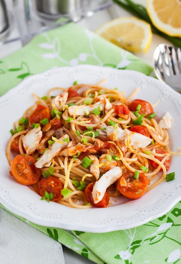 Fresh Delicious Pasta with Fish and Tomato Sauce Stock Photo - Image of ...