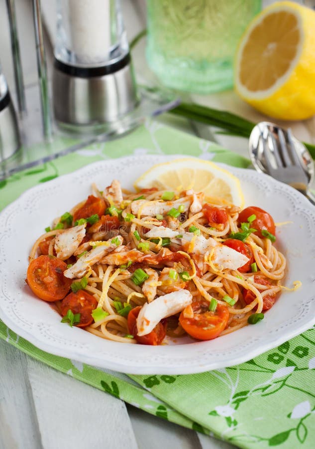 Fresh Delicious Pasta with Fish and Tomato Sauce Stock Image - Image of ...