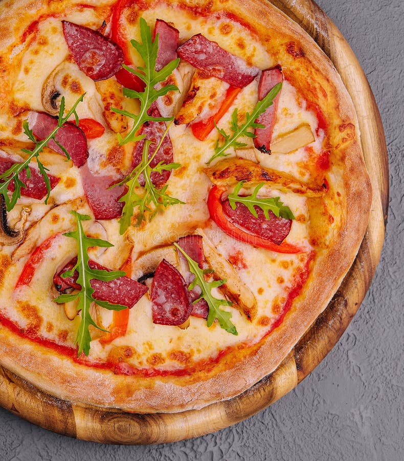 Fresh Delicious Pizza with Three Types of Meat and Sausage Stock Image ...
