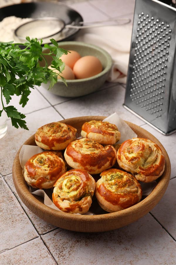 Fresh Delicious Puff Pastry and Ingredients on White Tiled Surface ...
