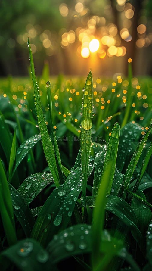 Fresh Dew on Vibrant Green Grass at Sunrise Stock Image - Image of ...
