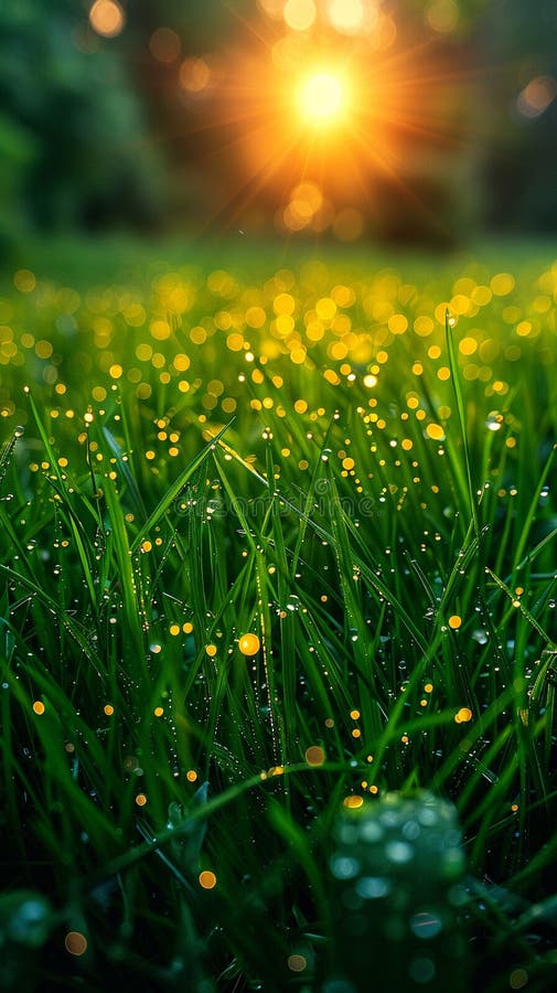 Fresh Dew on Vibrant Green Grass at Sunrise Stock Image - Image of ...