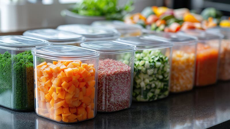 Fresh Diced Vegetables in Clear Containers on a Kitchen Counter Stock ...