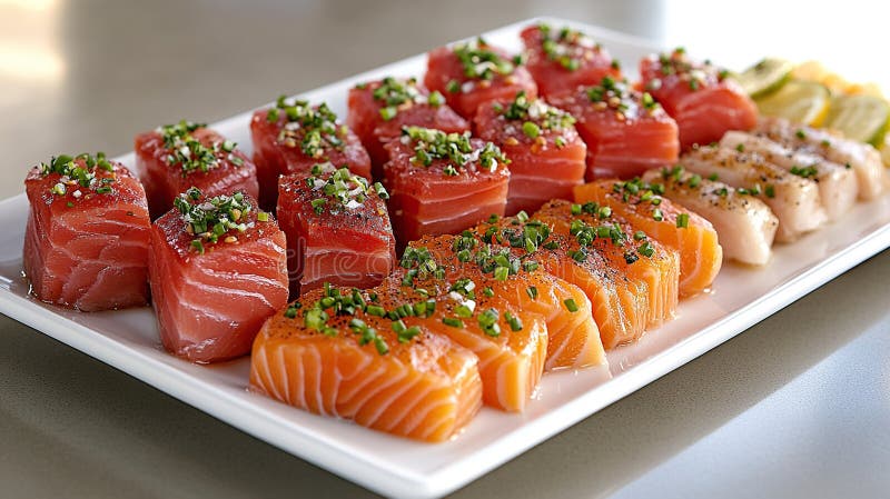 Fresh, Diverse Selection of Raw and Cooked Fish Slices, Ready To Eat ...