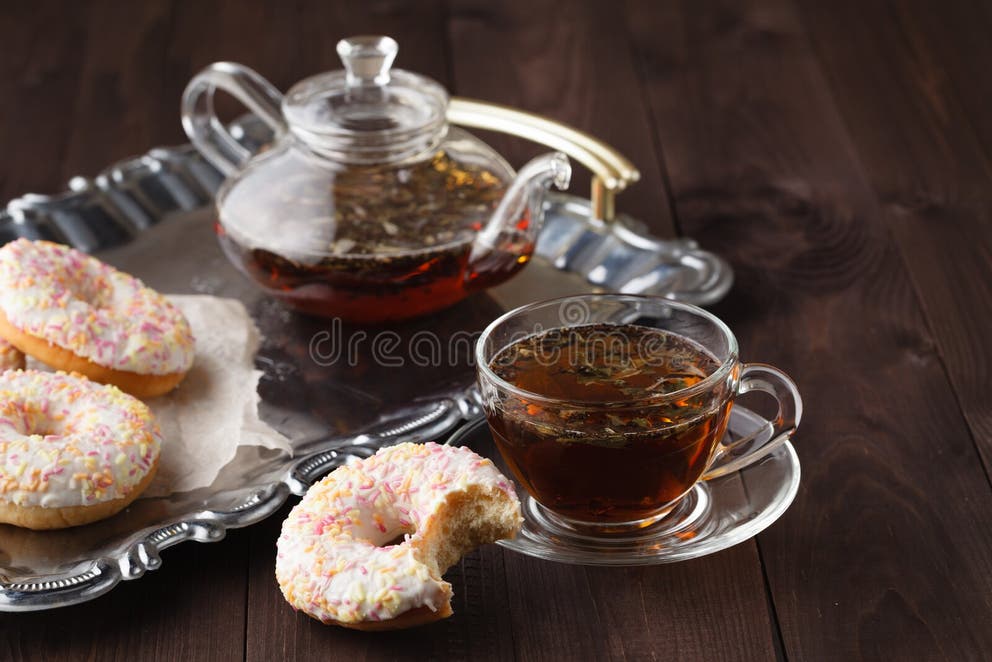 Fresh Donuts for Breakfast with Tea Stock Image - Image of breakfast ...