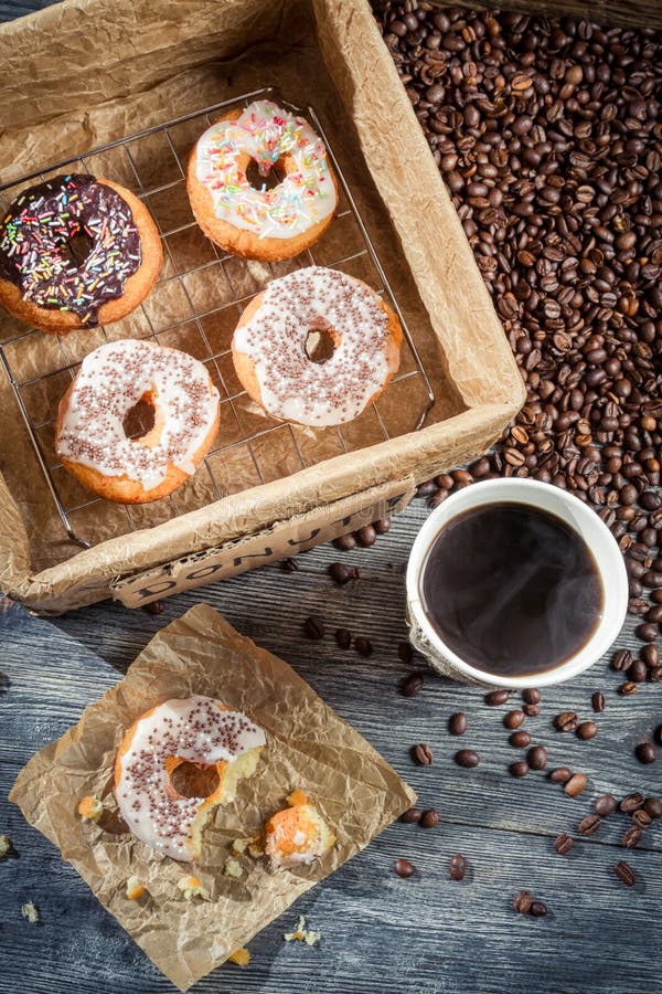 Fresh Donuts To Take Away with Coffee Stock Photo - Image of ...