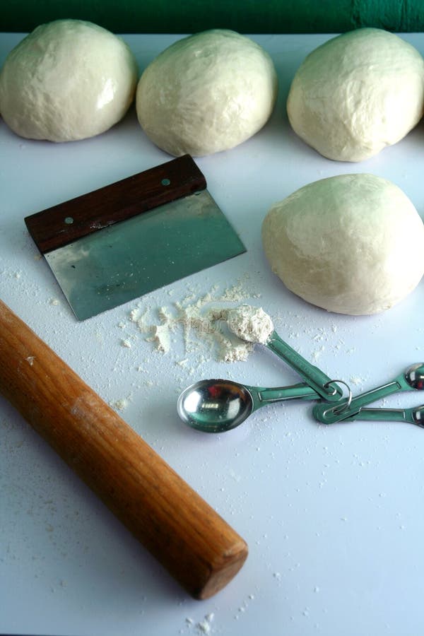 Fresh Dough, Flour and Bakers Tools Stock Photo - Image of wood, dough ...