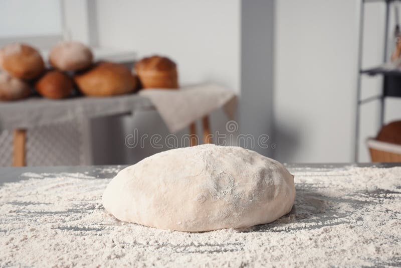 Fresh Dough with Flour on Table in Kitchen Stock Image - Image of ...