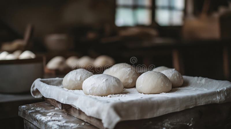 Fresh Dough Rising on Cloth in Bakery Kitchen Stock Image - Image of ...