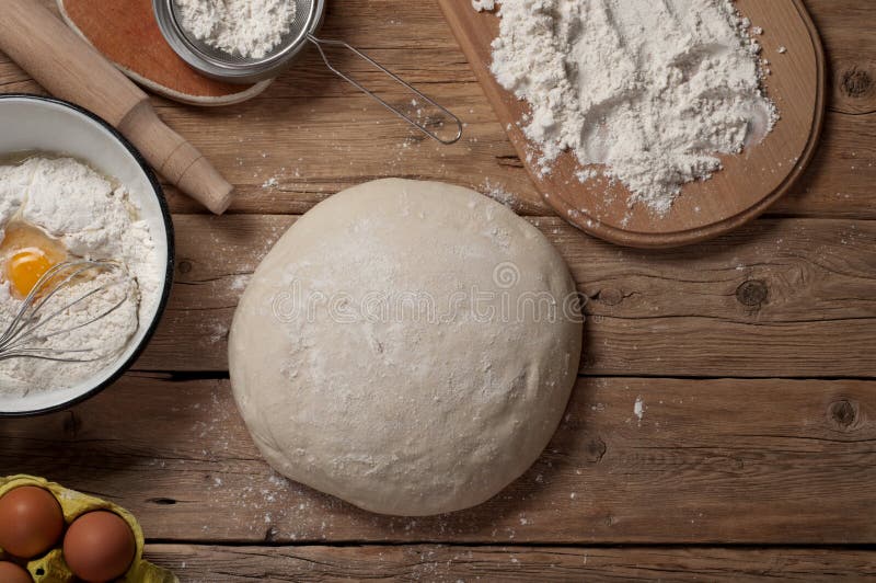 Fresh Dough on a Wooden Table in a Bakery Stock Image - Image of food ...