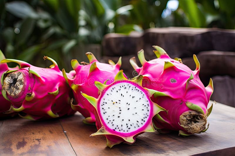Fresh Dragon Fruit Whole and Cut on the Table, Pitaya Stock ...