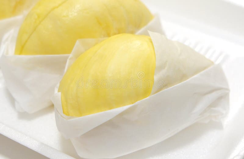 Fresh Durian in Packaging on Wooden Dish with Durian Peel Stock Photo ...