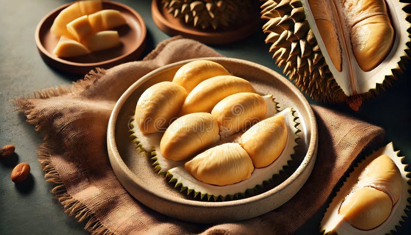 Fresh Durian Segments on a Rustic Plate Stock Illustration ...