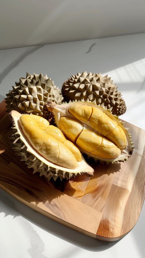 Fresh Durians on Wooden Board Lit by Natural Sunlight in Modern Kitchen ...