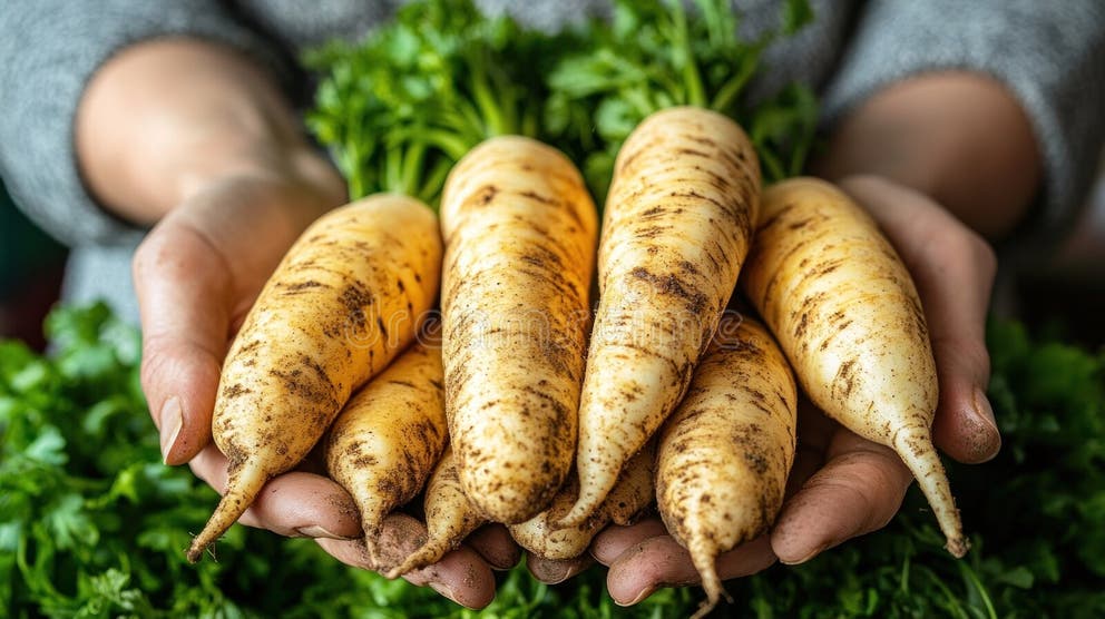 Fresh, Earthy Roots Held in Hands, Surrounded by Greenery Stock ...