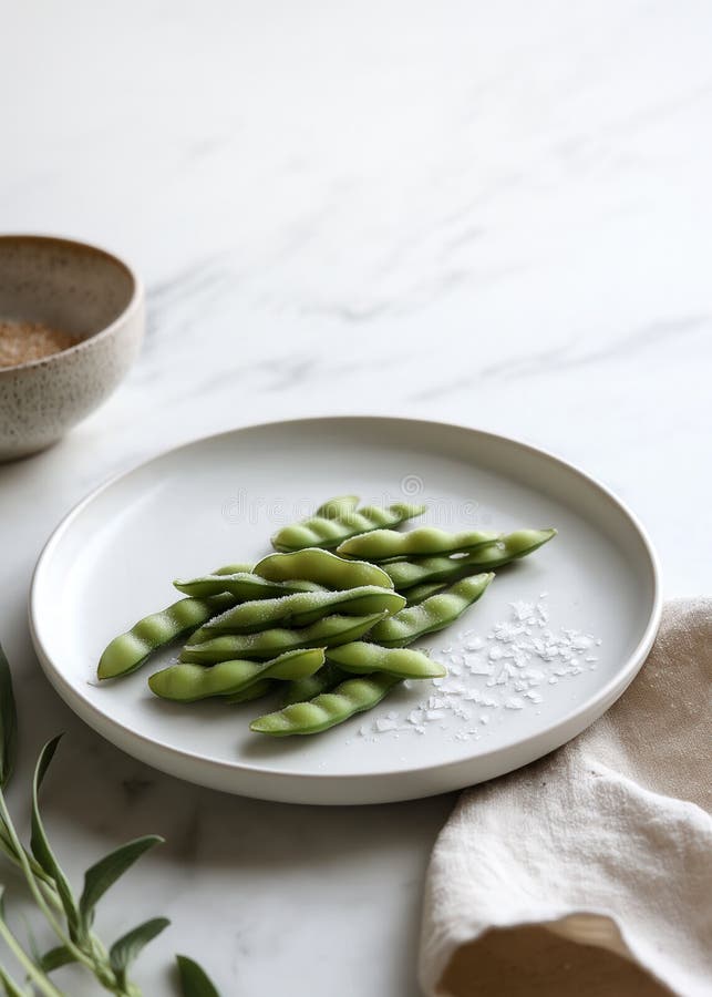 Fresh Edamame Beans on Speckled Plate with Soy Sauce on Marble Surface ...