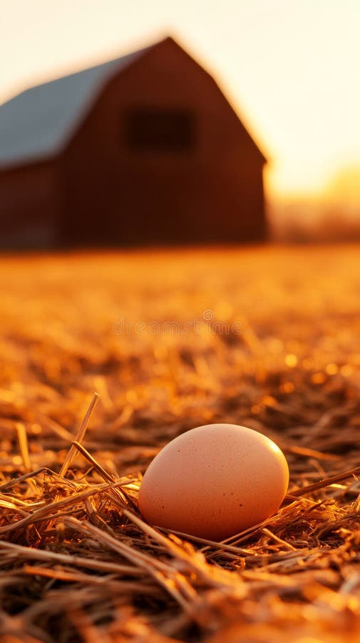 Fresh Egg Lying on Straw in Front of Chicken Coop at Sunset Stock Image ...