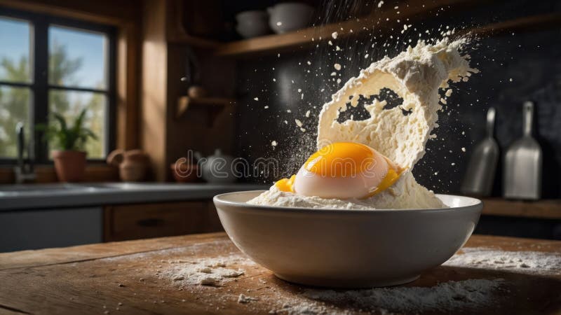 Dynamic Egg Cracking into Flour, Baking Ingredient Splash Stock ...