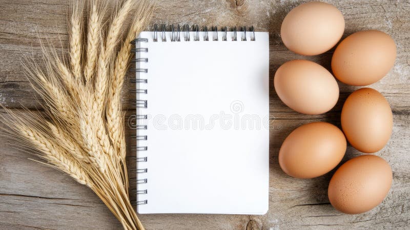Fresh Eggs are Arranged beside Wheat Stalks and a Blank Notebook ...
