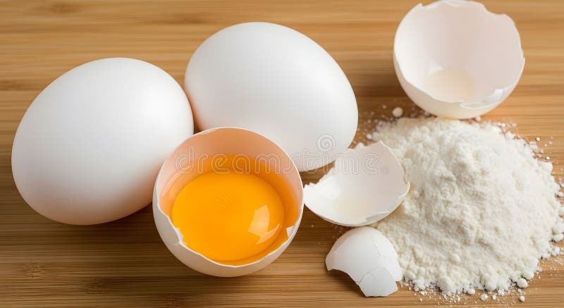 Fresh Eggs and Flour on Wooden Kitchen Counter for Baking Stock Image ...