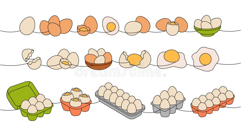 Fresh Eggs Set One Line Colored Continuous Drawing. Boiled Eggs, Broken ...