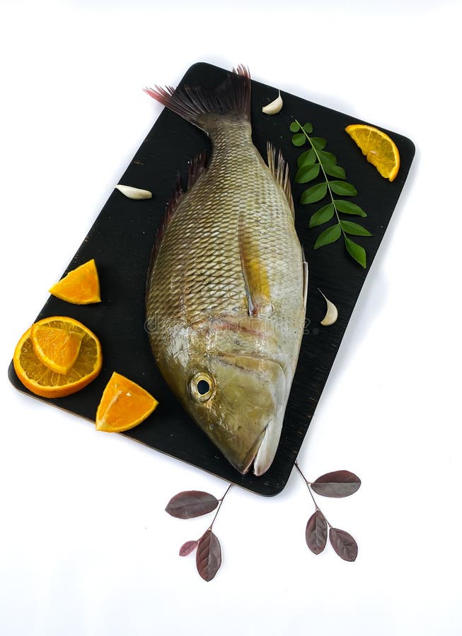 Fresh Emperor Fish Decorated with Herbs and Vegetables on a Black Pad ...