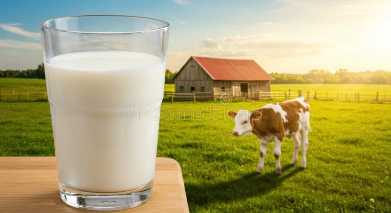 Fresh Farm Milk with Cow in Pasture and Rustic Barn at Sunrise Stock ...