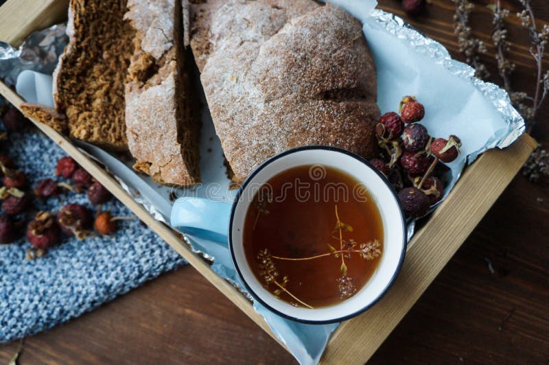 Fresh Farmer Bread with Herbal Tea for a Lunch Stock Photo - Image of ...