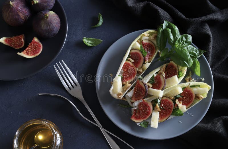 Fresh Fig Appetizer with Endive, Nuts and Cheese. Stock Image - Image ...