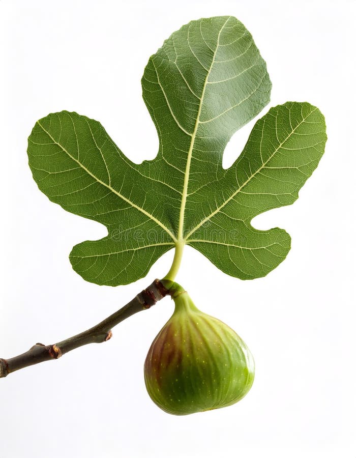 Fresh Fig Dangling from Leafy Branch, Captured Against Pristine White ...