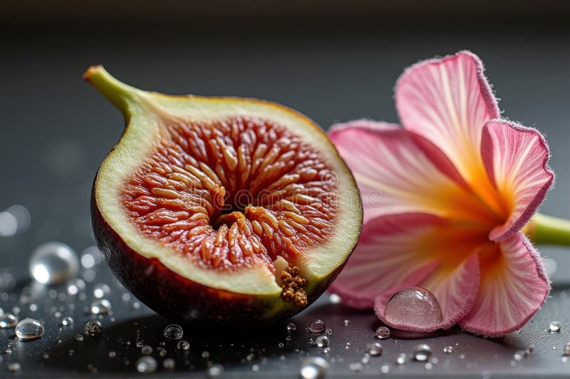 Fresh Fig Half with Pink Plumeria and Water Droplets on Dark Surface ...