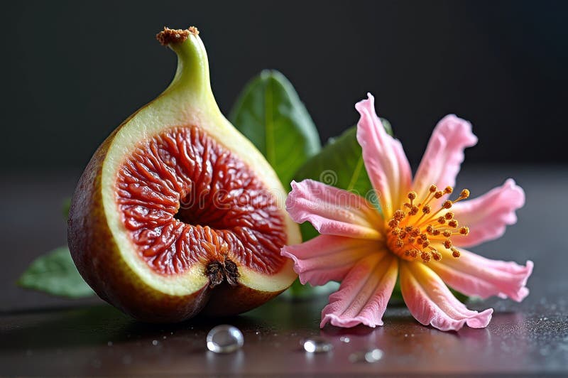 Fresh Fig and Pink Flower with Water Droplets on Smooth Surface Stock ...