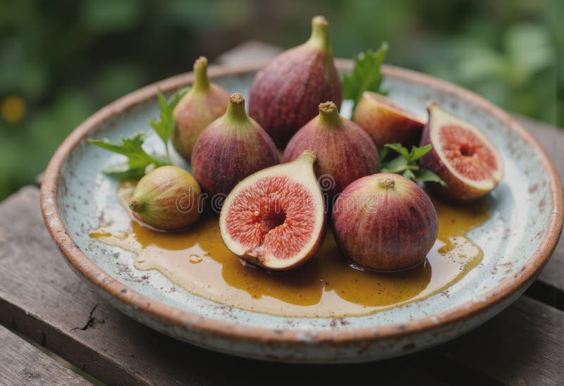 Fresh Figs Arranged on a Rustic Plate with Honey Drizzle Stock Photo ...