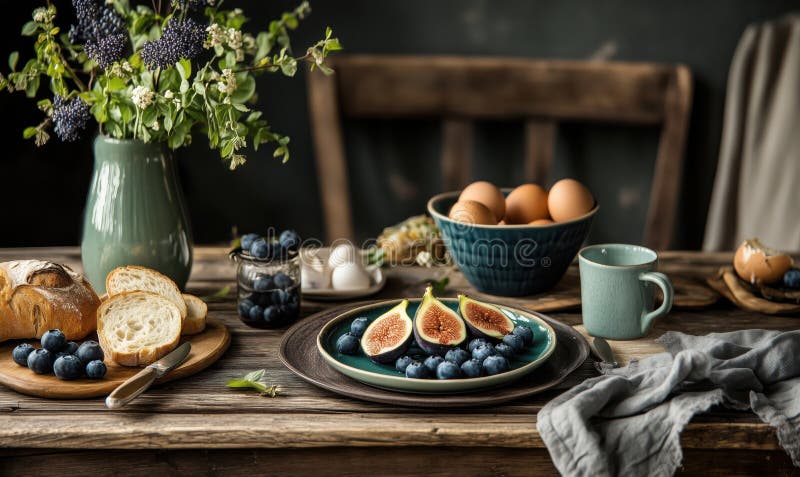 Fresh Figs and Blueberries on Rustic Table with Bread and Eggs in Cozy ...