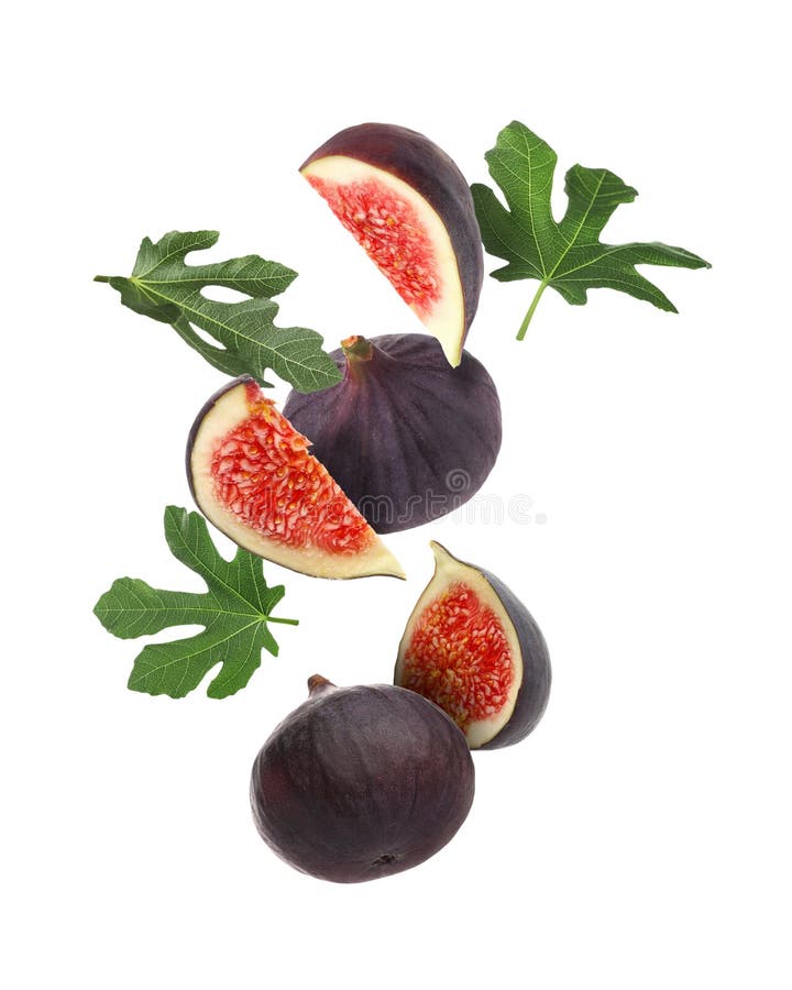 Fresh Figs and Green Leaves Falling on White Background Stock ...