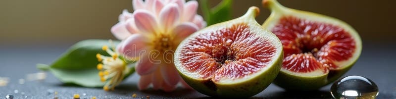 Fresh Figs and Pink Flowers on Dark Surface with Water Droplet ...